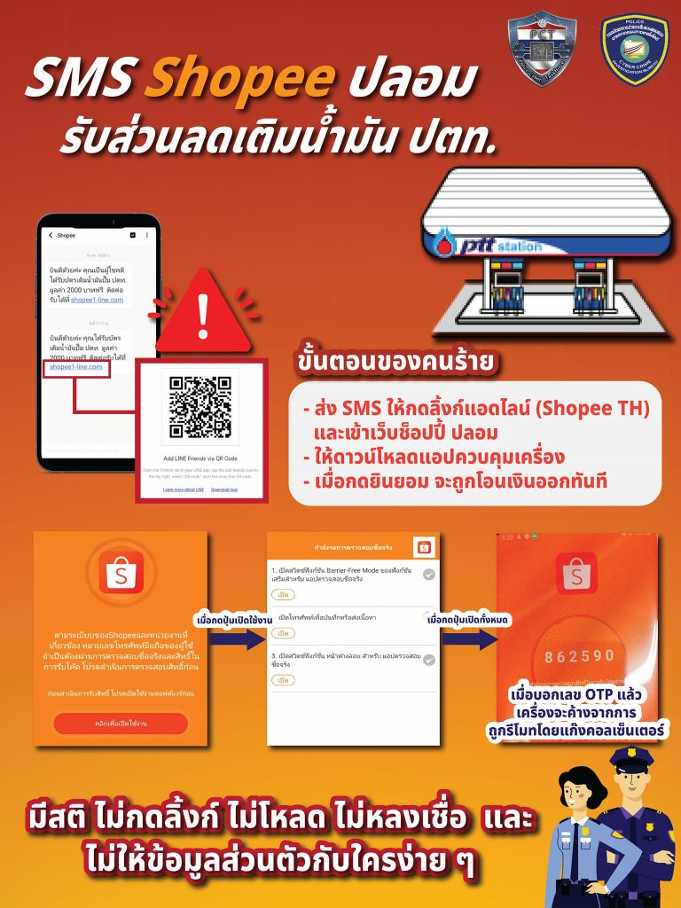 ตำรวจไซเบอร์เตือนภัย SMS Shopee ปลอม รับส่วนลดเติมน้ำมัน ปตท. – Plien Police Station